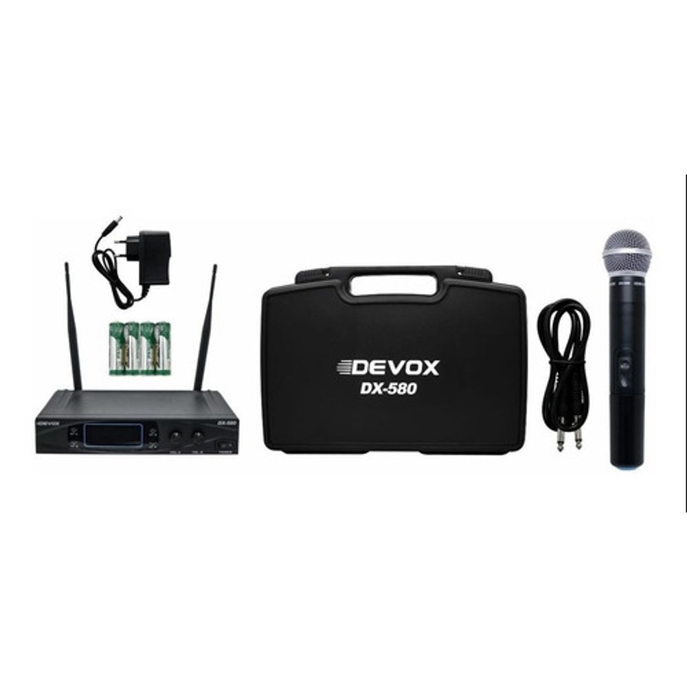 MICROFONE SEM FIO DE MAO DUPLO UHF DX-580 DEVOX - enterlight MICROFONE SEM FIO DE MAO DUPLO UHF DX-580 DEVOX - enterlight