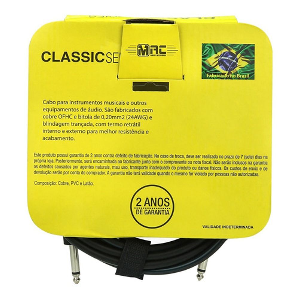 CABO INSTRUMENTO MONO P10 MACHO X P10 MACHO 3,05M IC10B CLASSIC SERIES ...